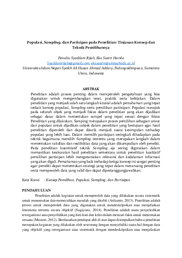 (PDF) Populasi, Sampling, dan Partisipan pada Penelitian: Tinjauan Konsep dan Teknik Pemilihannya