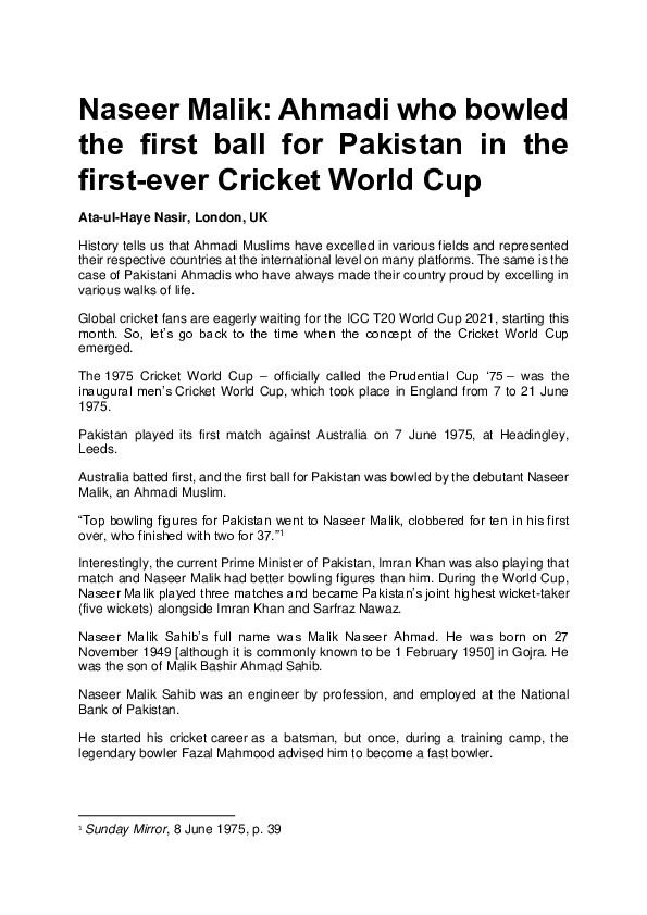 (PDF) Naseer Malik: Ahmadi who bowled the first ball for Pakistan in ...