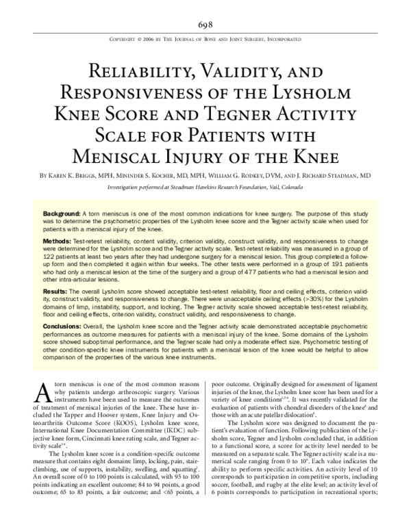 (PDF) The Reliability, Validity, and Responsiveness of the Lysholm Score and Tegner Activity ...
