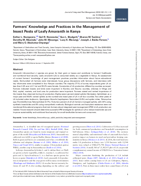 (PDF) Farmers’ Knowledge and Practices in the Management of Insect Pests of Leafy Amaranth in Kenya