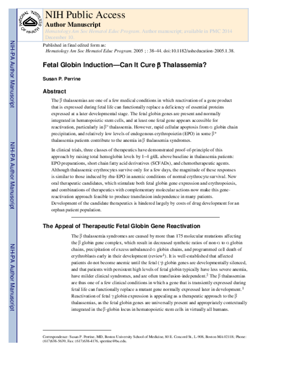 (PDF) Fetal Globin Induction—Can It Cure β Thalassemia?