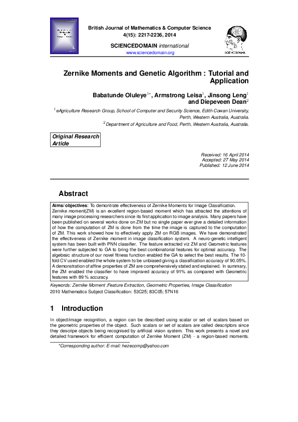 (PDF) Zernike Moments and Genetic Algorithm: Tutorial and Application
