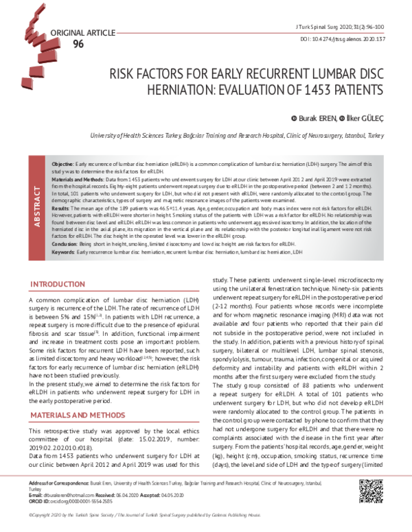 (PDF) Risk Factors for Early Recurrent Lumbar Disc Herniation ...