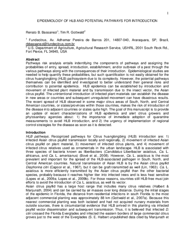 (PDF) Epidemiology of HLB and Potential Pathways for Introduction
