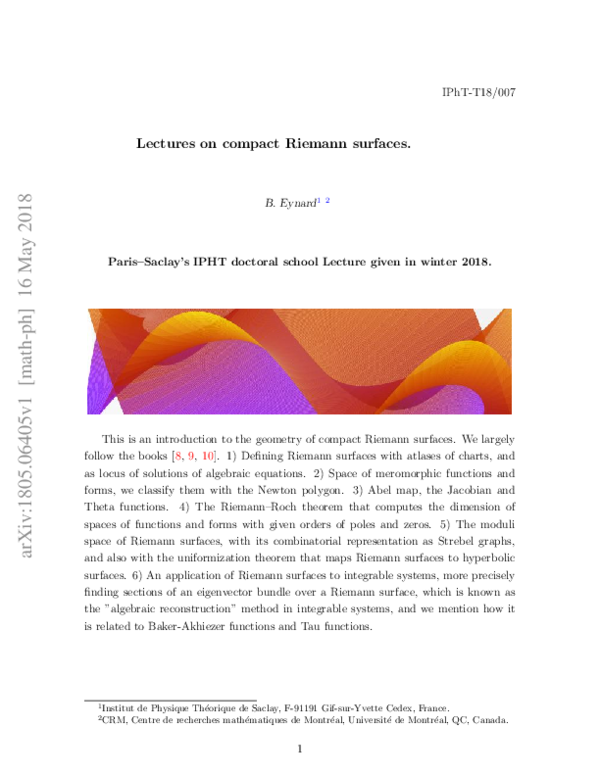 (PDF) Lectures notes on compact Riemann surfaces