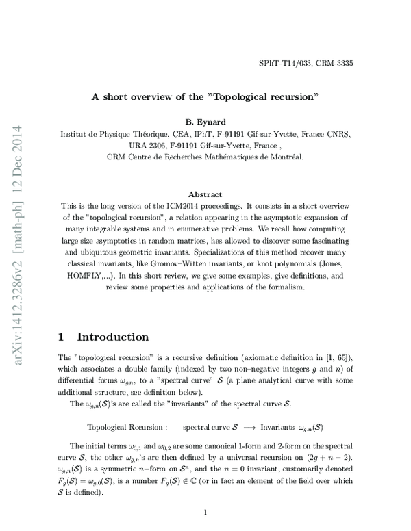 (PDF) A short overview of the "Topological recursion