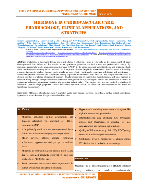 (PDF) Milrinone in Cardiovascular Care Pharmacology, Clinical ...