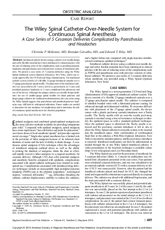 (PDF) The Wiley Spinal Catheter-Over-Needle System for Continuous Spinal Anesthesia