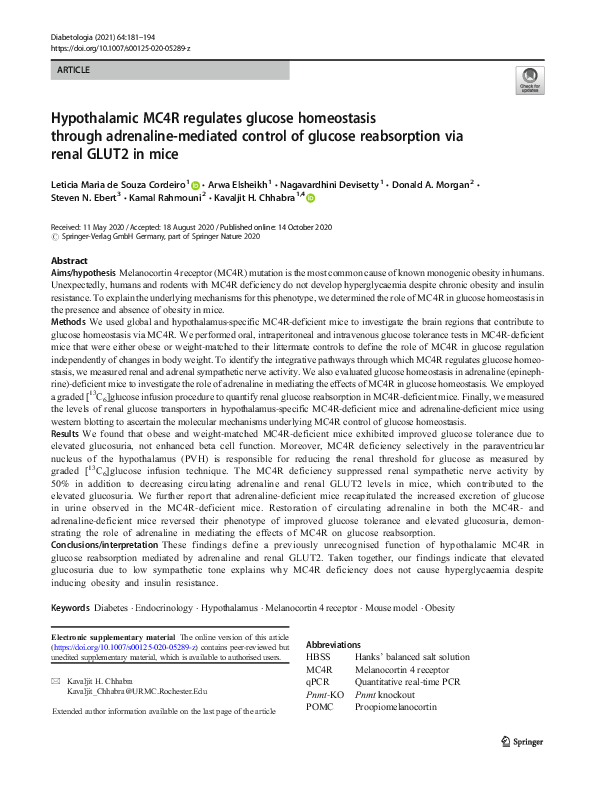 (PDF) Hypothalamic MC4R regulates glucose homeostasis through ...