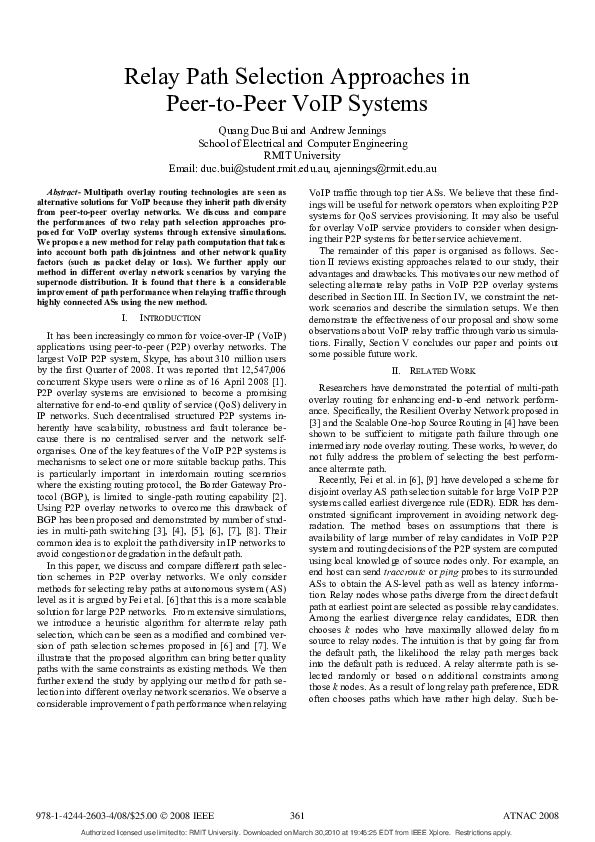 (PDF) Relay Path Selection Approaches in Peer-to-Peer VoIP Systems