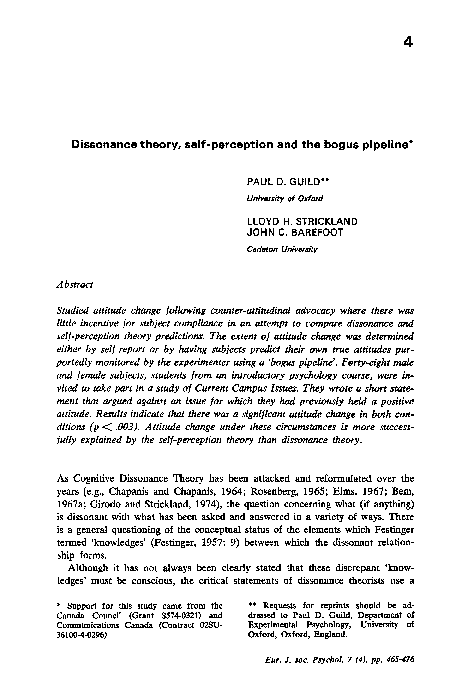 (PDF) Dissonance theory, self-perception and the bogus pipeline