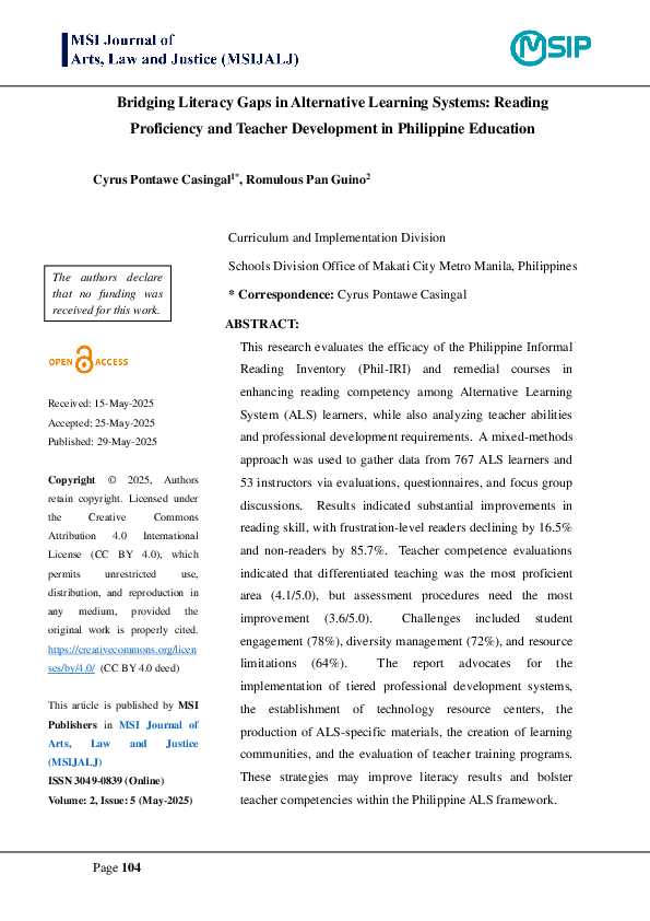 (PDF) Bridging Literacy Gaps in Alternative Learning Systems: Reading Proficiency and Teacher ...