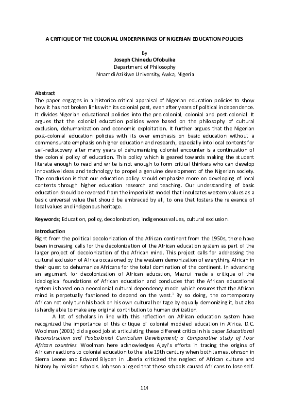 (PDF) A CRITIQUE OF THE COLONIAL UNDERPININGS OF NIGERIAN EDUCATION ...