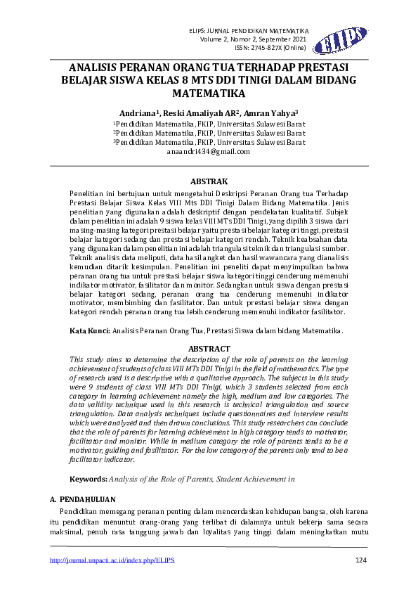 (PDF) Analisis Peranan Orang Tua Terhadap Prestasi Belajar Siswa Kelas 8 MTS Ddi Tinigi Dalam ...
