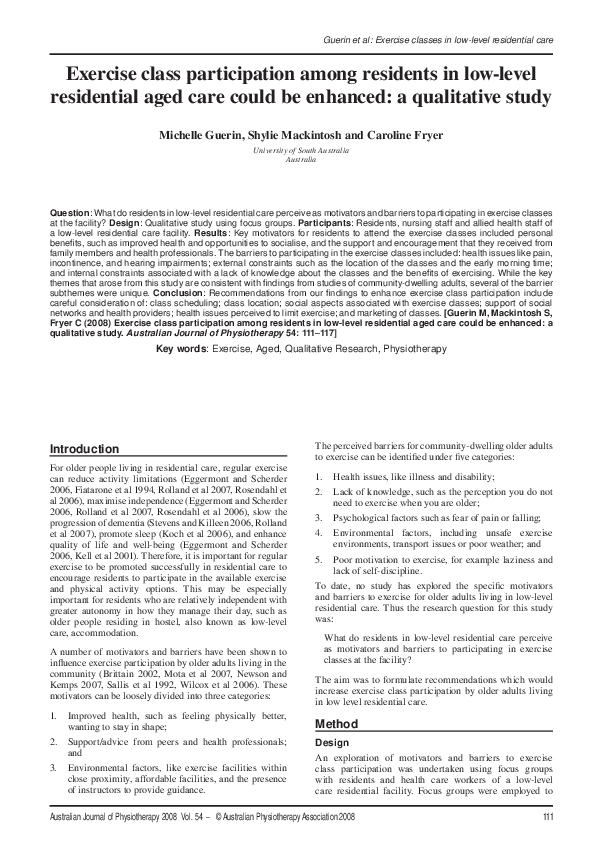 (PDF) Exercise class participation among residents in low-level ...