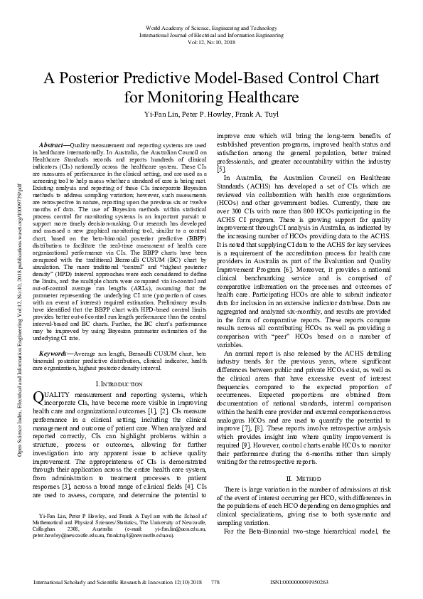 (PDF) A Posterior Predictive Model-Based Control Chart for Monitoring Healthcare