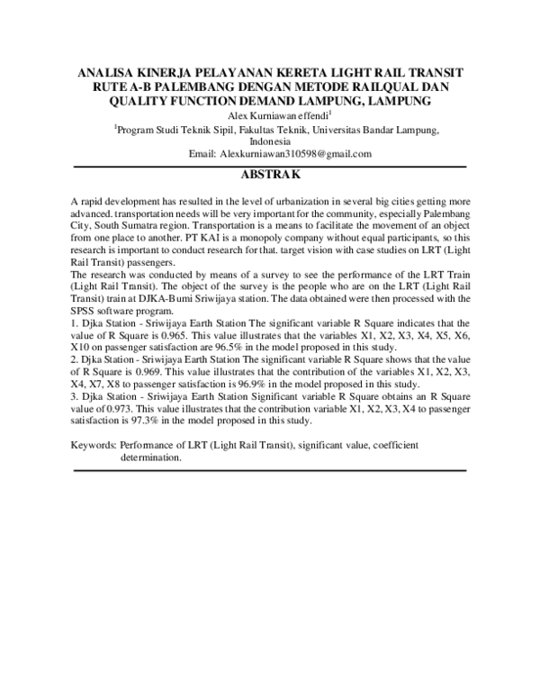 (PDF) Analisa Kinerja Pelayanan Kereta Light Rail Transit Rute A-B Palembang Dengan Metode ...