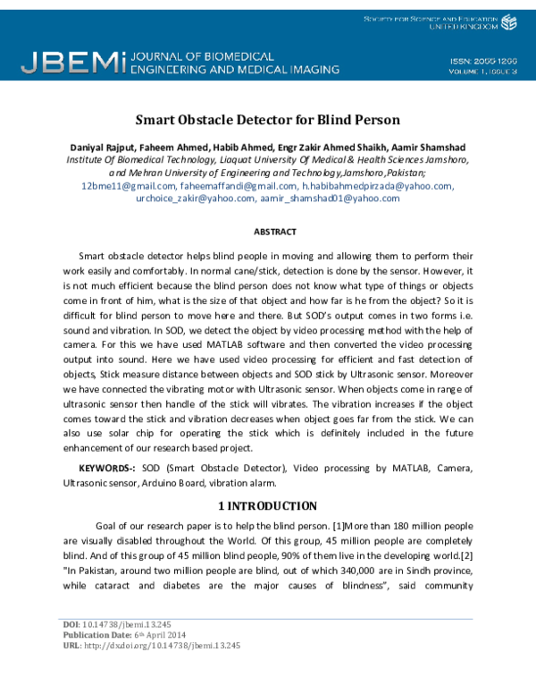 (PDF) Smart Obstacle Detector for Blind Person