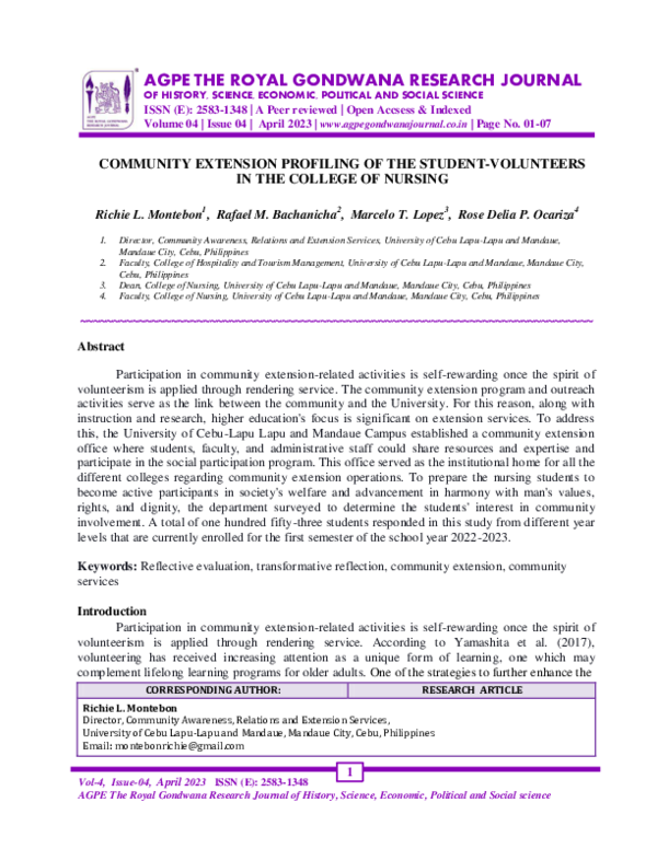 (PDF) COMMUNITY EXTENSION PROFILING OF THE STUDENT-VOLUNTEERS IN THE ...