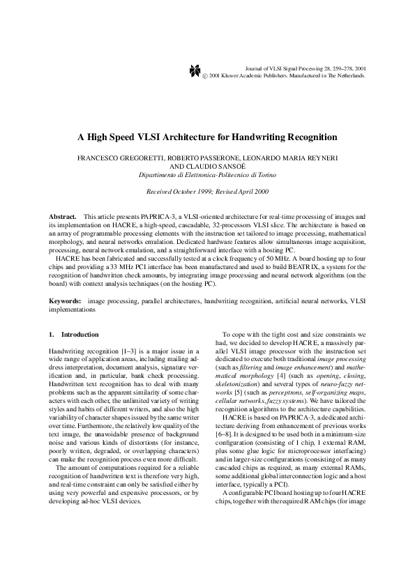 (PDF) A High Speed VLSI Architecture for Handwriting Recognition