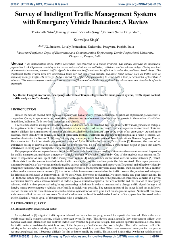 (PDF) Survey of Intelligent Traffic Management Systems with Emergency ...