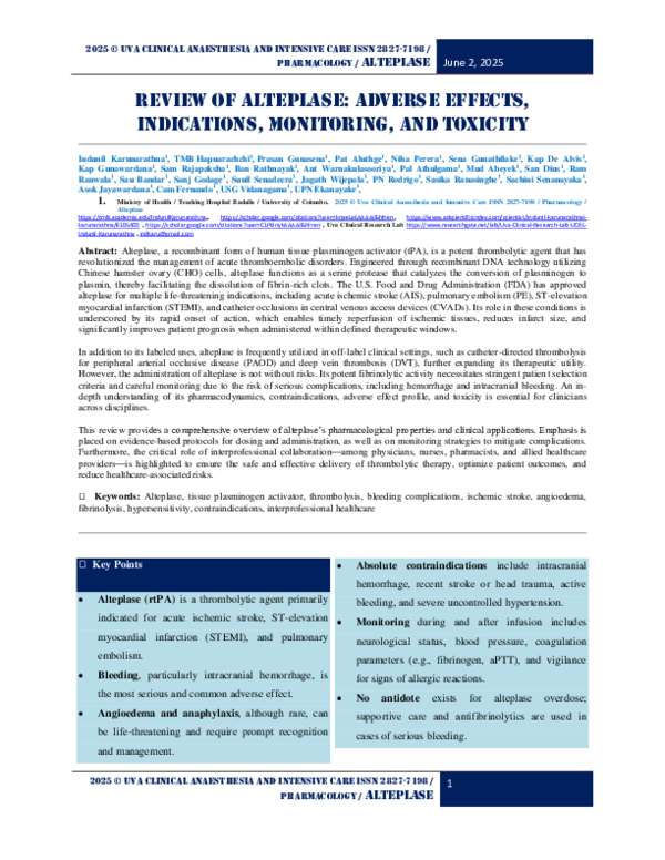 (PDF) Review of Alteplase: Adverse Effects, indications, Monitoring, and Toxicity