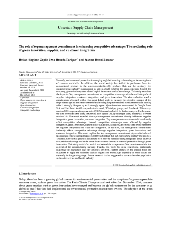(PDF) The role of top management commitment in enhancing competitive ...
