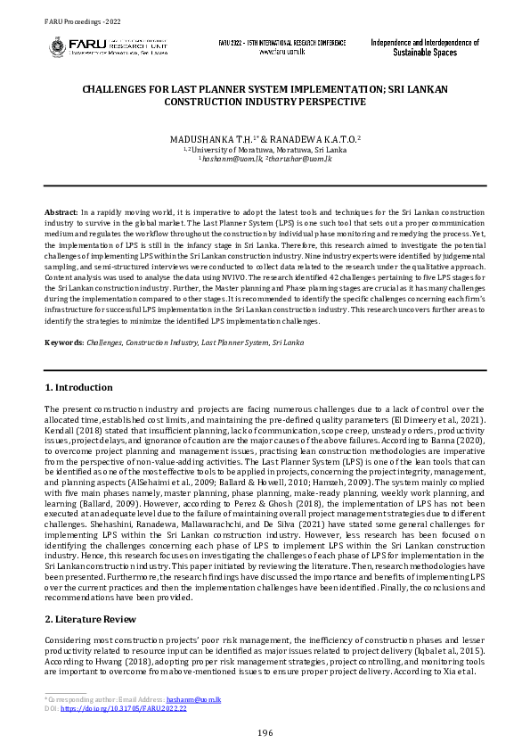 (PDF) CHALLENGES FOR LAST PLANNER SYSTEM IMPLEMENTATION; SRI LANKAN CONSTRUCTION INDUSTRY ...