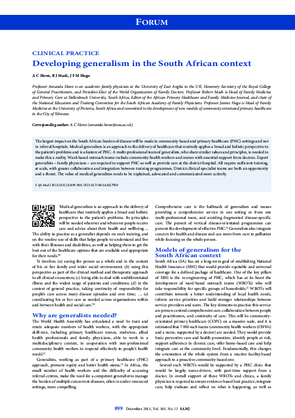 (PDF) Developing generalism in the South African context