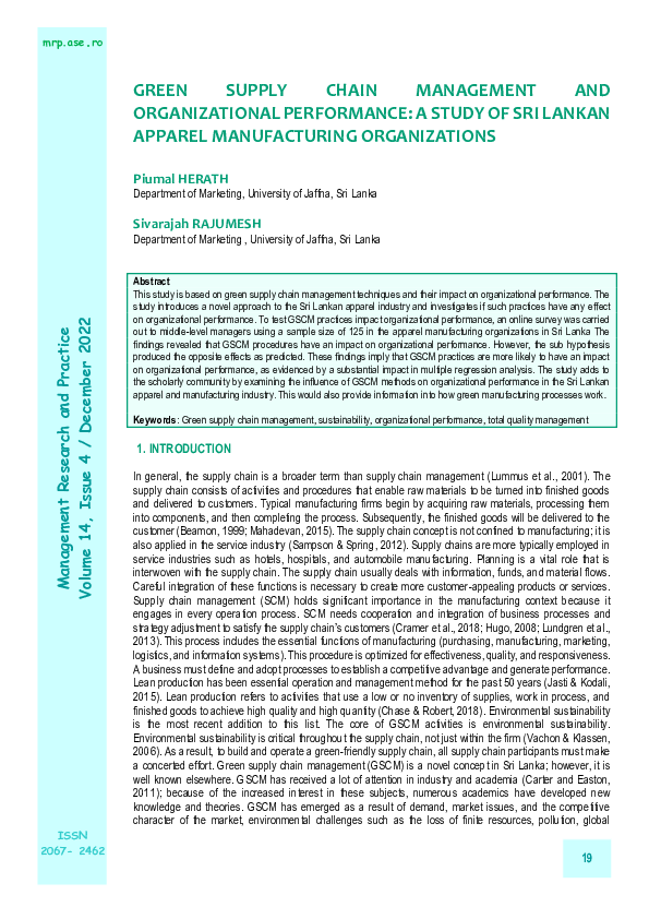 (PDF) GREEN SUPPLY CHAIN MANAGEMENT AND ORGANIZATIONAL PERFORMANCE: A STUDY OF SRI LANKAN ...