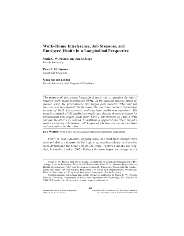 (PDF) Work-home interference, job stressors, and employee health in a ...