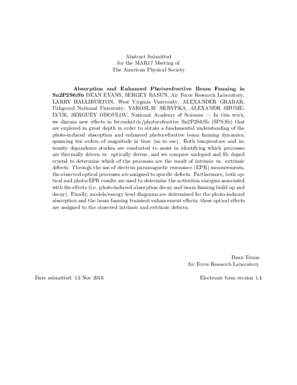 (PDF) Absorption and Enhanced Photorefractive Beam Fanning in Sn2P2S6:Sb