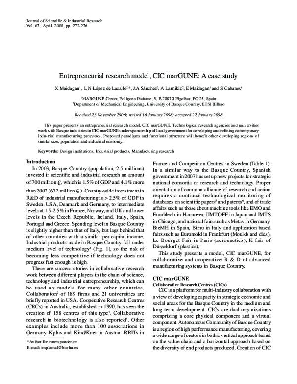 (PDF) Entrepreneurial research model, CIC marGUNE: A case study