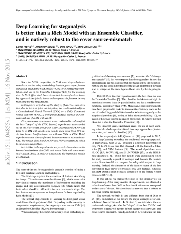 (PDF) Deep Learning for steganalysis is better than a Rich Model with an Ensemble Classifier ...