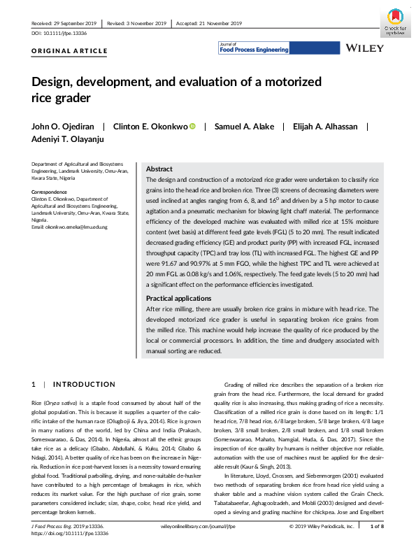 (PDF) Design, development, and evaluation of a motorized rice grader
