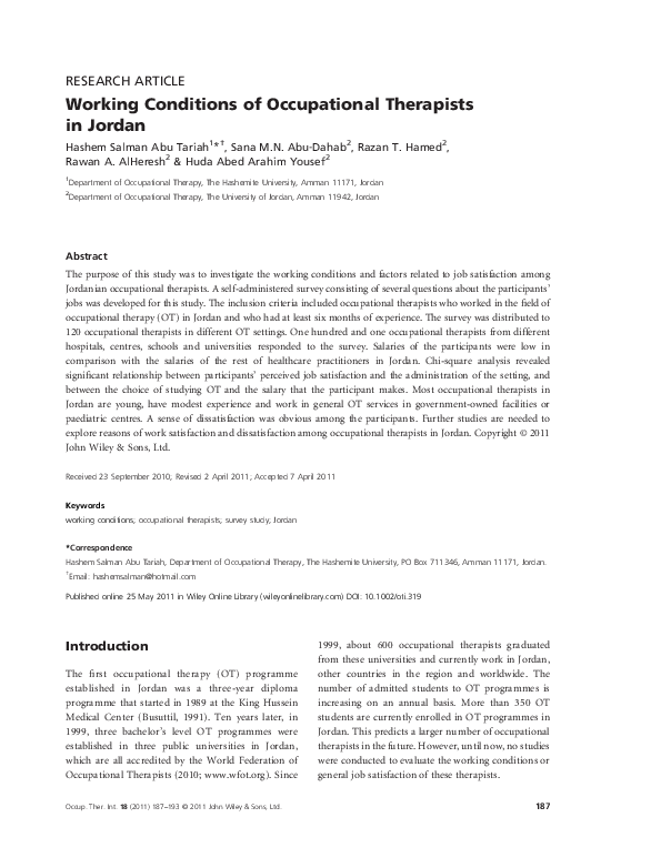 (PDF) Working Conditions of Occupational Therapists in Jordan