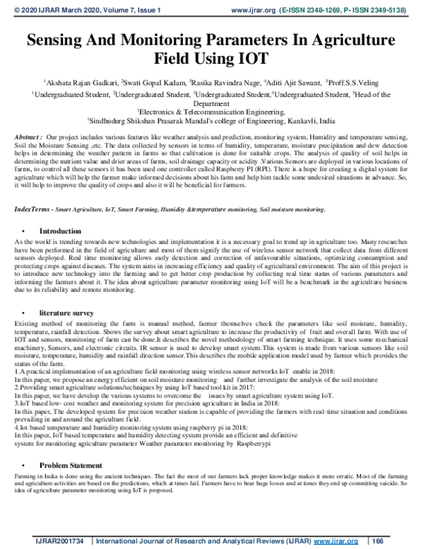 (PDF) Sensing And Monitoring Parameters In Agriculture Field Using IOT