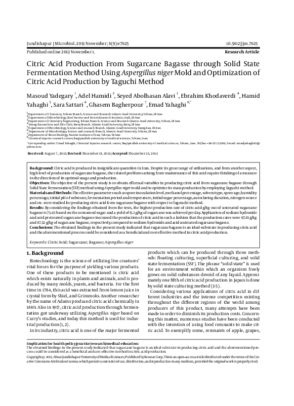 (PDF) Citric Acid Production from Sugarcane Bagasse through Solid State Fermentation Method ...