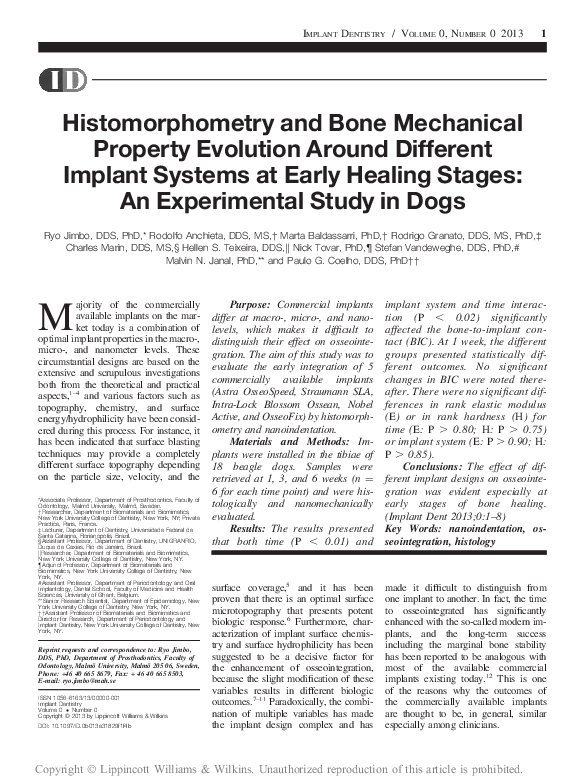 (PDF) Histomorphometry and Bone Mechanical Property Evolution Around ...