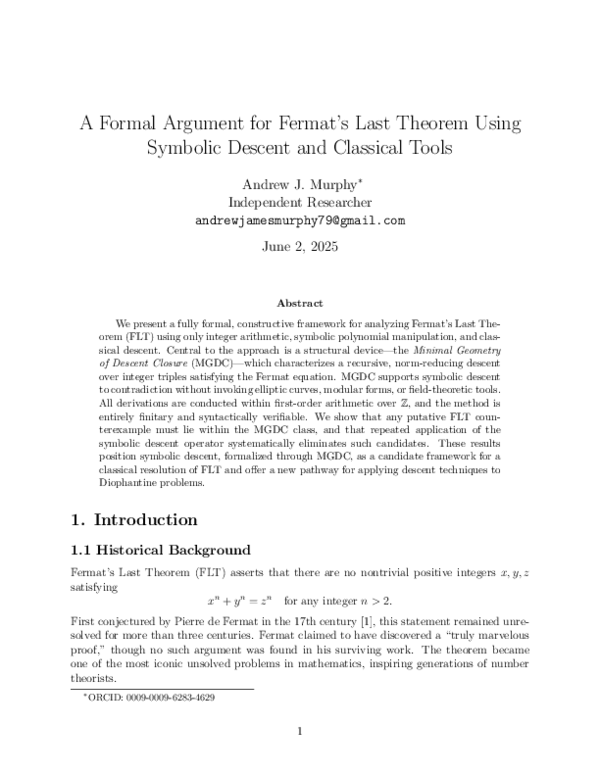 (PDF) A Formal Argument for Fermat's Last Theorem Using Symbolic Descent and Classical Tools