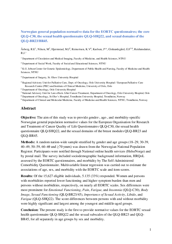 (PDF) Norwegian general population normative data for the EORTC questionnaires; the core QLQ-C30 ...