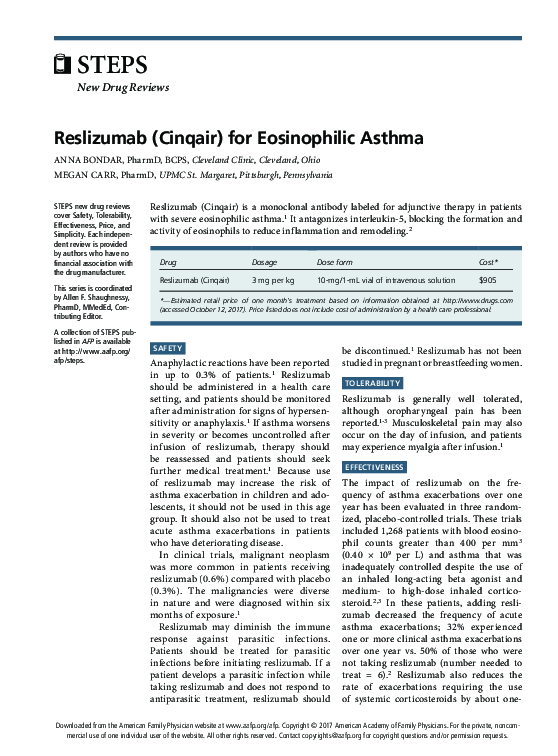 (PDF) Reslizumab (Cinqair) for Eosinophilic Asthma