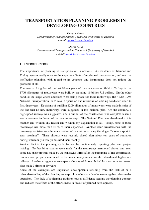 (PDF) Transportation Planning Problems in Developing Countries