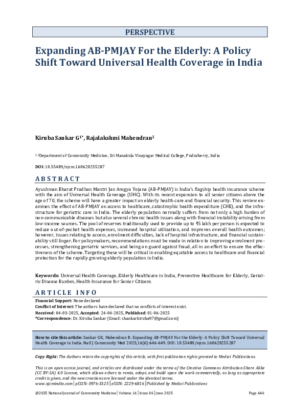 (PDF) Expanding AB-PMJAY For the Elderly: A Policy Shift Toward ...