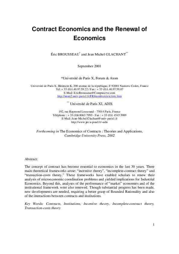 (PDF) Contract Economics and the Renewal of Economics