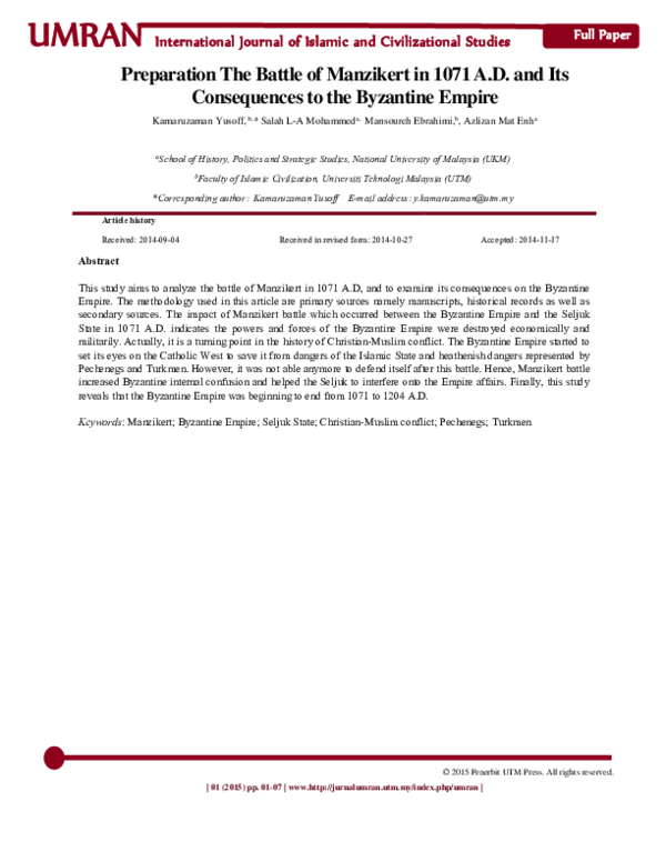 (PDF) The Battle of Manzikert in 1071 A.D and Its Consequences to the ...