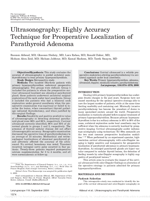 (PDF) Ultrasonography: Highly Accuracy Technique for Preoperative Localization of Parathyroid ...