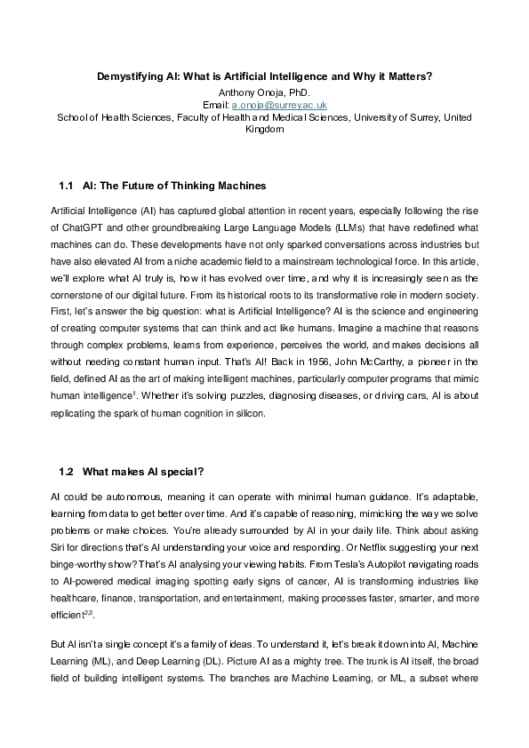 (PDF) Demystifying AI: What is Artificial Intelligence and Why it Matters