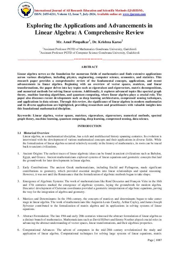 (PDF) Exploring the Applications and Advancements in Linear Algebra: A ...
