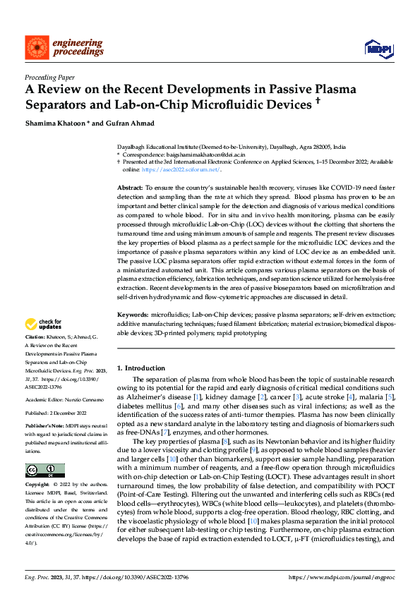 (PDF) A Review on the Recent Developments in Passive Plasma Separators and Lab-on-Chip ...